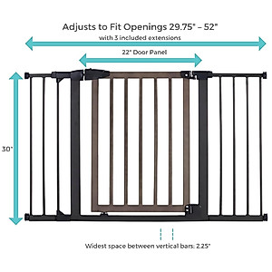 Toddleroo by North States Driftwood Extra Wide Auto Close Baby Gate: Self-Closing Child Gate with Hold-Open Feature. Pressure Mounted Baby Gate, Fits 29.75” to 52” Wide. (30" Tall, Graphite and Wood)
