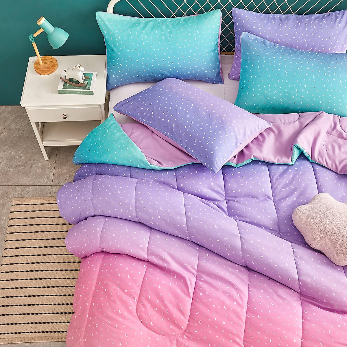 Yogeneg Rainbow Comforter Set Twin Size for Teen Girl &Boys Women,Metallic Star Moon Printed Mermaid Comforter with Pillowcase, Microfiber 2 Piece Bedding Set,All Season (Rainbow B, Twin)