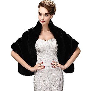 CHITONE Women's Black Faux Fur Wrap Cape Stole Shawl Shrug for Wedding/Party/Show