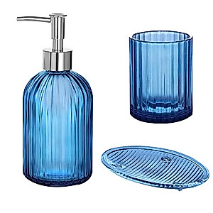 GAOYH Blue Bathroom Accessory Set 3 Piece, Heavy Duty Blue Vertical Stripes Pattern Glass Bathroom Accessory Set,Decorative Glass Bathroom Accessories Include Hand Soap Dispenser,Soap Dish, Tumbler
