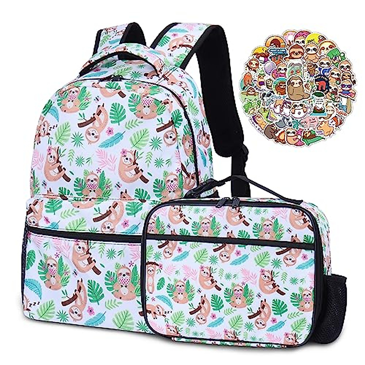Lopevctor Sloth Backpack Set for Boys Girls, Kids Sloth Backpack for School with Lunch Bag and Stickers, Cute Sloth Bookbag School Bag Set for Students