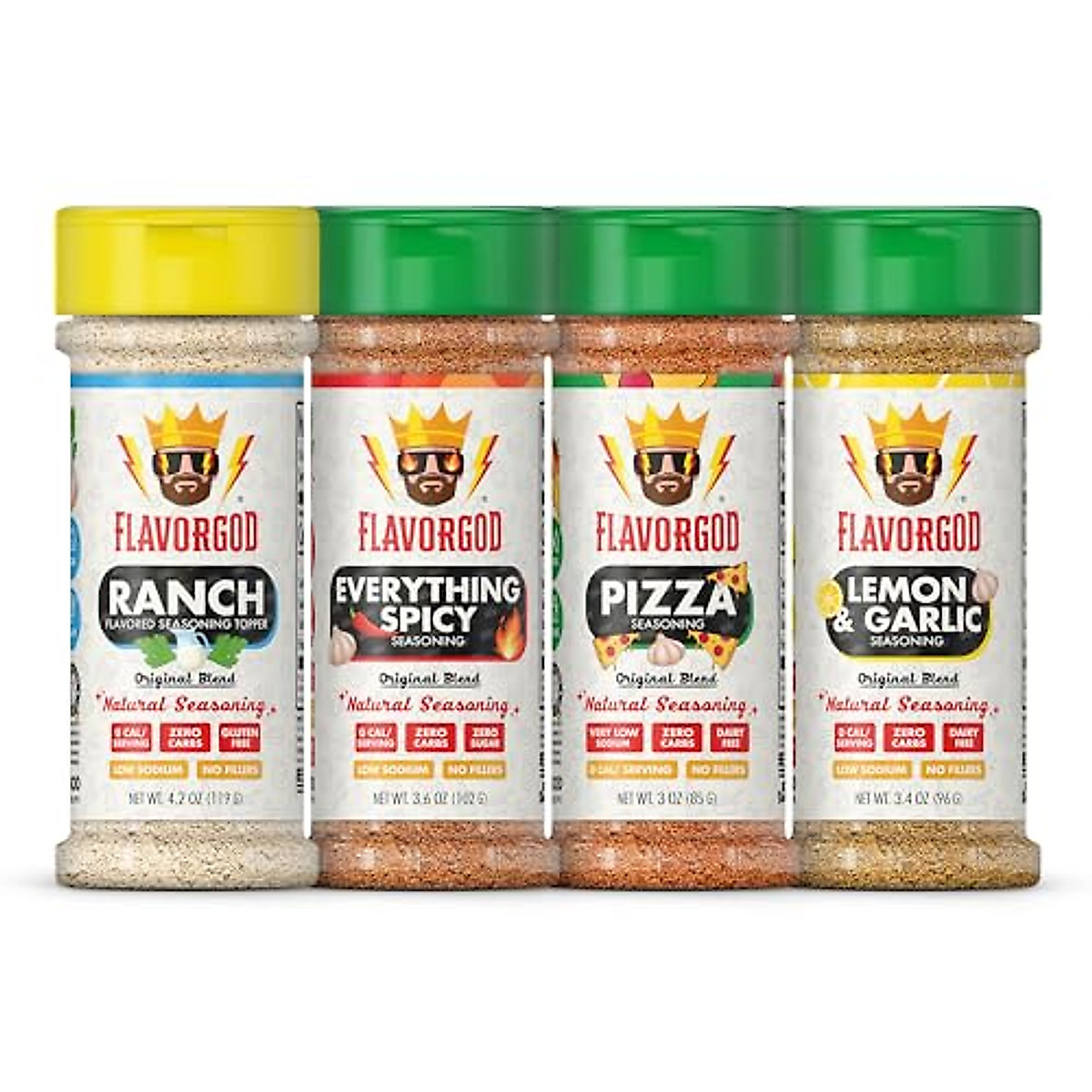 Popcorn Combo Pack of 4, Herb, Spices, Topper and Seasoning Gift Set - Everything Spicy, Pizza, Ranch, Lemon & Garlic - Premium All Natural & Healthy Spice Blend- Flavor God Seasonings