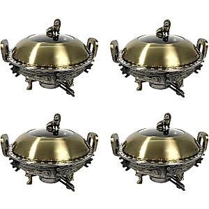 HONHPD Commercial Round Chafing Dish, 4 Pack Stainless Steel Chafers and Buffet Warmers Sets with Pans and Fuel Holders, for Wedding, Parties, Banquet, Catering Events, Bronze(26CM/10.24INCH)