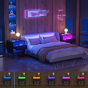 LED Nightstand with Charging Station, Black Night Stand with Charger Station, Bedside Table End Tables Bedroom, Modern Night Stand with a Big Capacity Drawer