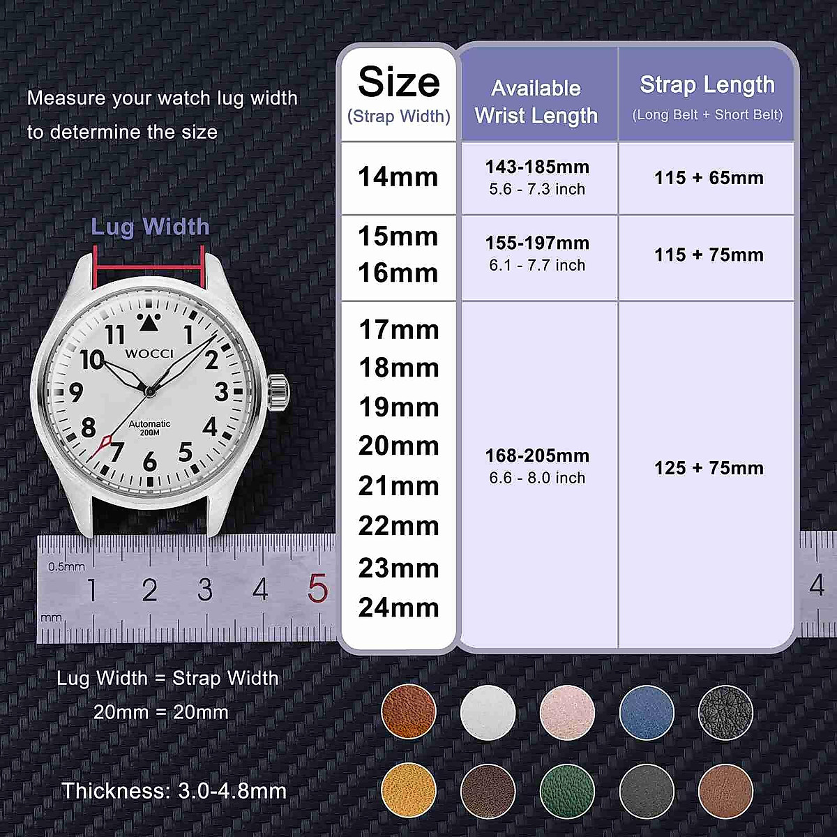 WOCCI 20mm Vintage Leather Watch Band for Men and Women, Silver Buckle (Dark Brown/Contrasting Stitch)