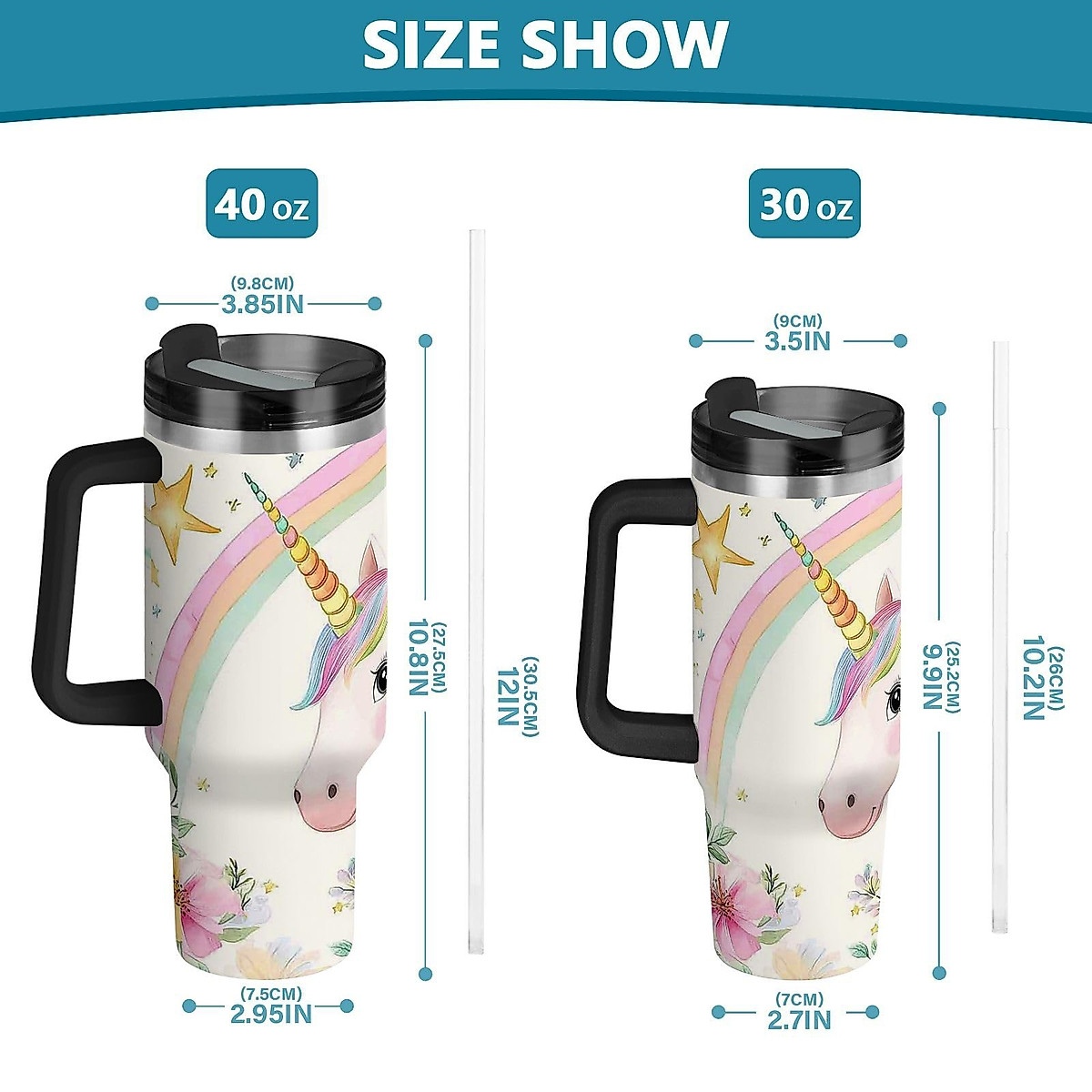 linqin Rainbow Unicorns and Flowers Vacuum Insulated Tumbler with Lid and Straw 40 oz Large Water Bottle Reusable Camp Mug for Home, Office or Car