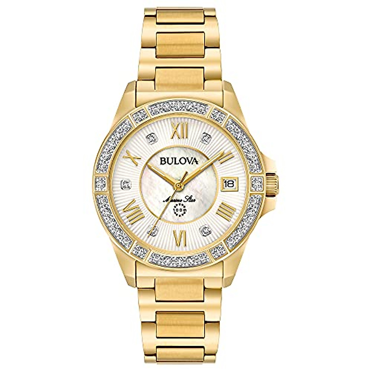 Bulova Ladies' Marine Star Diamond Gold Tone Stainless Steel 3-Hand Quartz Watch, White Mother-of-Pearl Dial and Sapphire Crystal Style: 98R235