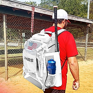 Hit Run Steal White Softball Baseball Bag - Holds 4 Bats, Glove, Water Bottle, Shoe Compartment, Helmet, Fence Hook for Equipment & Gear