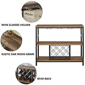 FOLUBAN Wine Rack Table with Glass Holder and Wine Storage, Industrial Rustic Wood and Metal Bar Buffet Cabinet, Oak