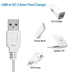 oGoDeal Replacement USB to DC Charging Cable | USB Charger Cord - 2.5mm - Original Replacement (2 Pack White)