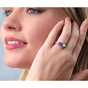 Gem Stone King 925 Sterling Silver Round Purple Amethyst and White Moissanite 3-Stone Ring For Women (2.20 Cttw, Gemstone Birthstone, Available In Size 5, 6, 7, 8, 9)