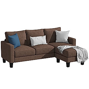 YESHOMY Convertible Sectional 3 L-Shaped Couch Soft Seat with Modern Linen Fabric, Small Space Sofas for Living Room, Apartment and Office, 70'', Brown