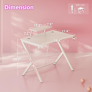 MOTPK Gaming Desk 60" with Monitor Shelf Gaming Table Desk for Girls Home Computer Desk with Cup Holder and Headphone Hook Gamer Workstation Game Table, Pink