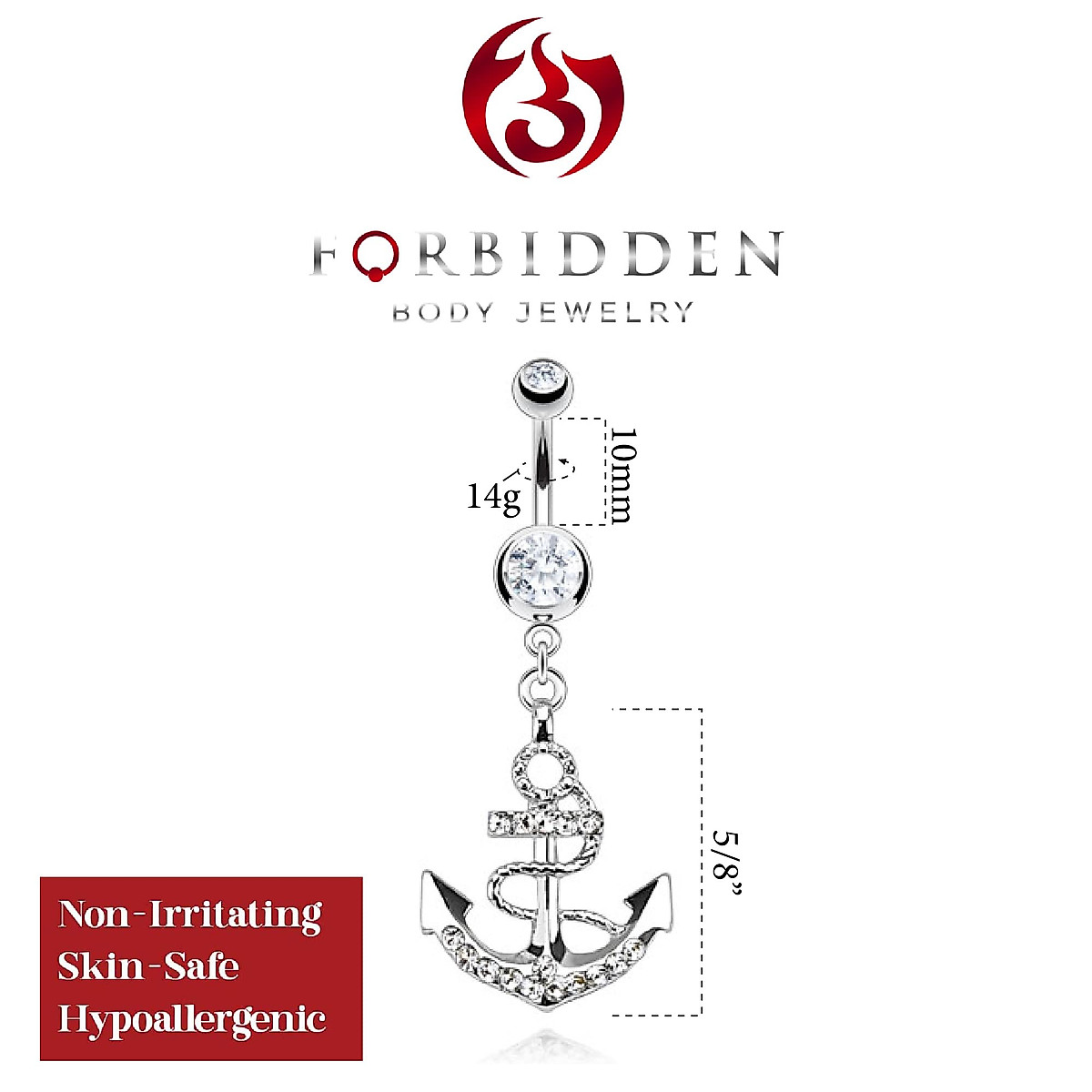 Forbidden Body Jewelry Surgical Steel CZ Crystal Anchor Nautical Dangle Belly Button RIng (Clear)