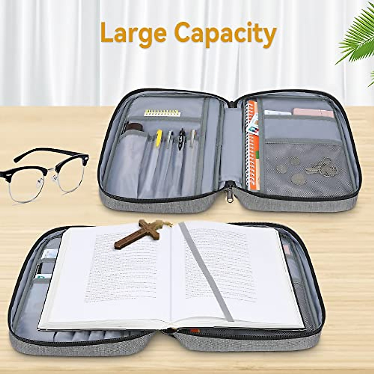 QASMANA Bible Cover, Standard Size Polyester Bible Case with 4 Highlighters, Internal Compartments and Zippers, 10x7x2 Inches, (Gray)