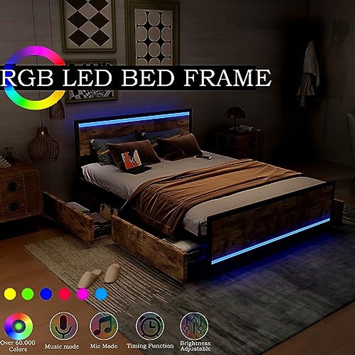 Ailisite Queen Bed Frame with 4 Storage Drawers, Metal Platform Bed Frame with Storage & LED Headboard & 2 USB Charging Station, Sturdy and Stable, No Box Spring Needed, Noise Free, Easy to Install