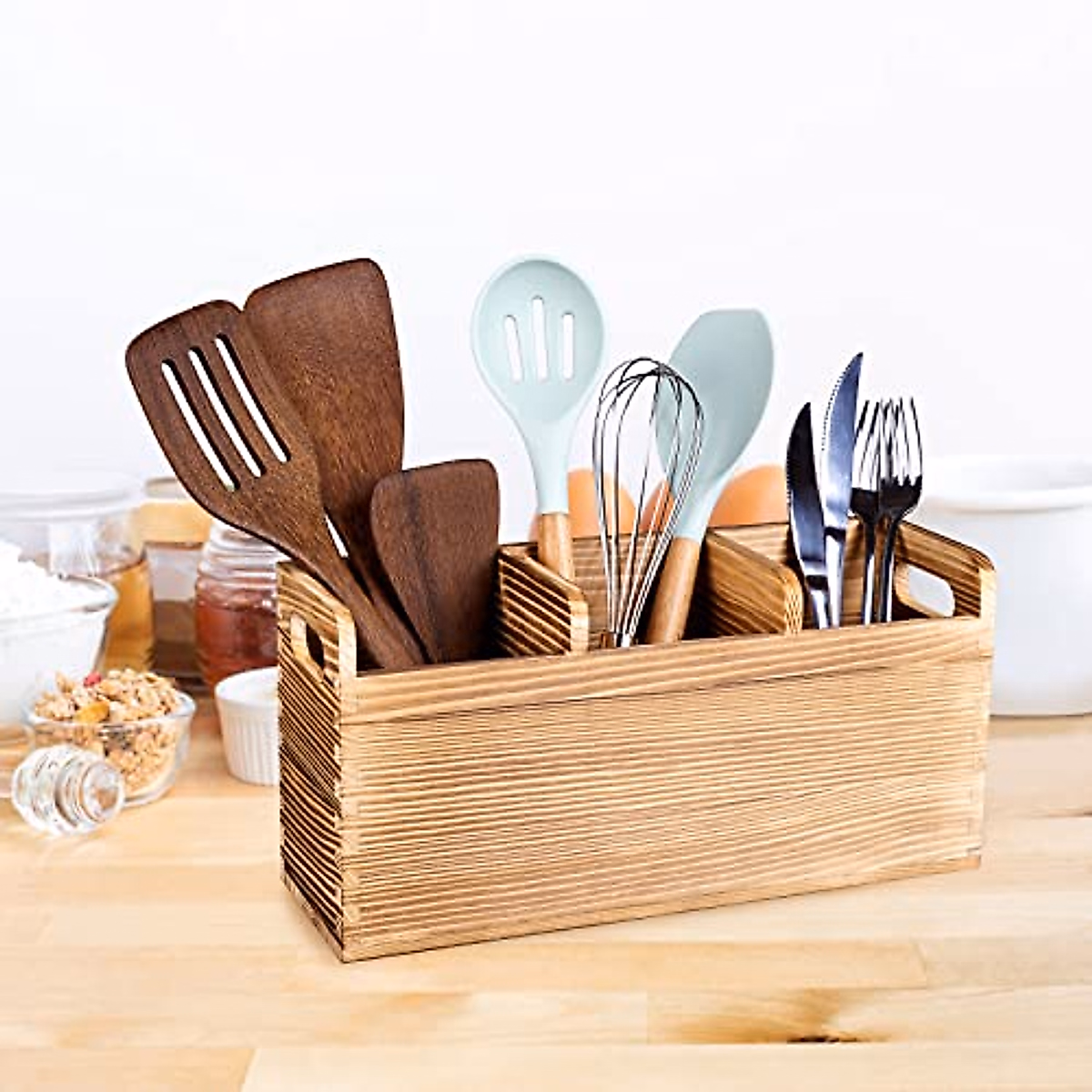 RedCall Utensil Holder,Wood Cooking Utensil Organizer,Large Farmhouse Utensil Holder for Counter top,Rustic Spoon Spatula Holder Kitchen Tools Storage Caddy Decor