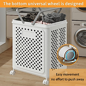 Desricy Collapsible Laundry Basket with Wheels and Handle, 50L Foldable Rolling Laundry Cart, Versatile Plastic Laundry Hamper, Dirty Clothes Hamper for Dorm, Bedroom and Bathroom, White
