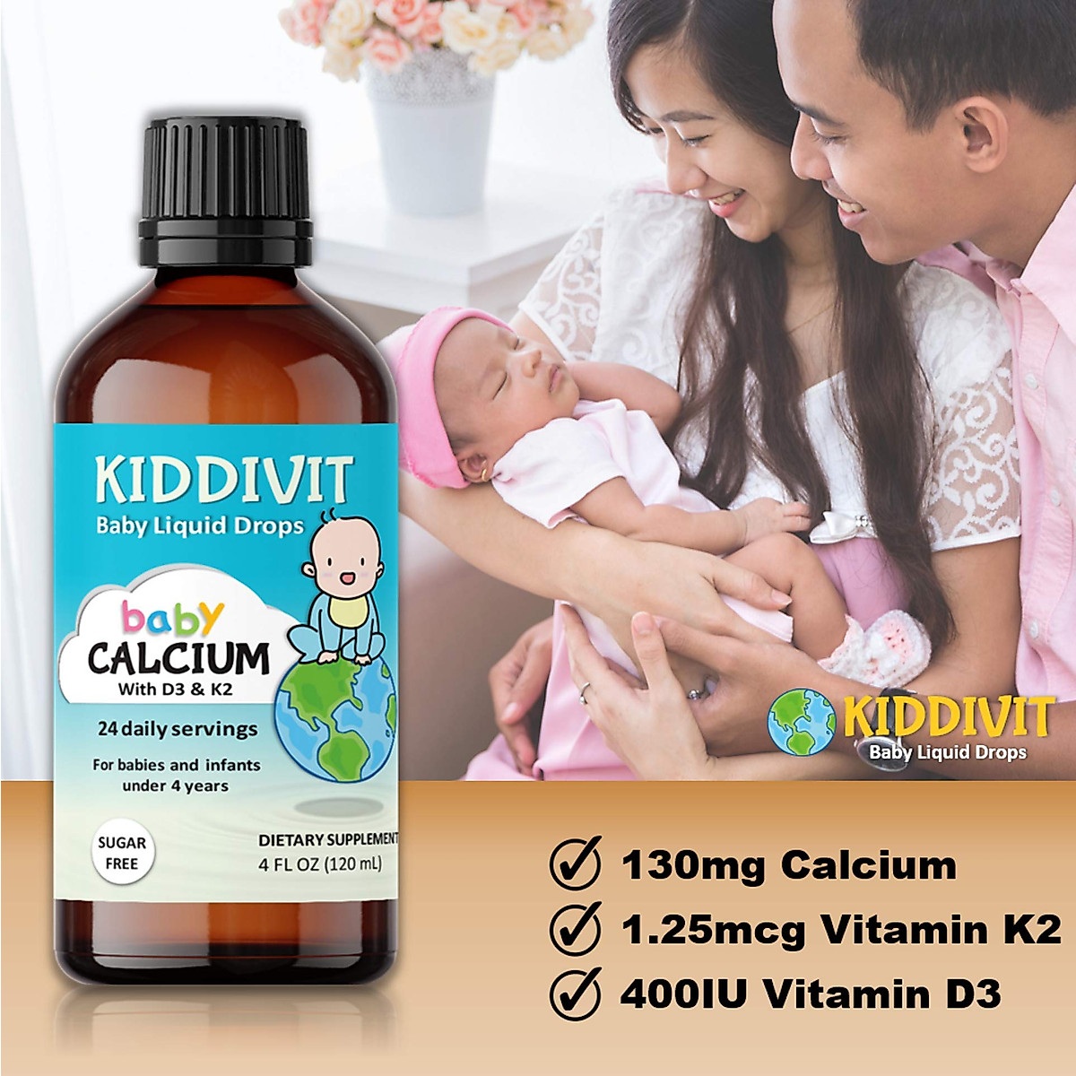 Kiddivit Baby Calcium Liquid Drops with Vitamin D3 & K2-24 Daily Servings, 4 Fl Oz (120 mL) - Inulin Fortified (Prebiotic, Dietary Fiber) - Sugar Free, Gluten Free, Vegetarian Friendly