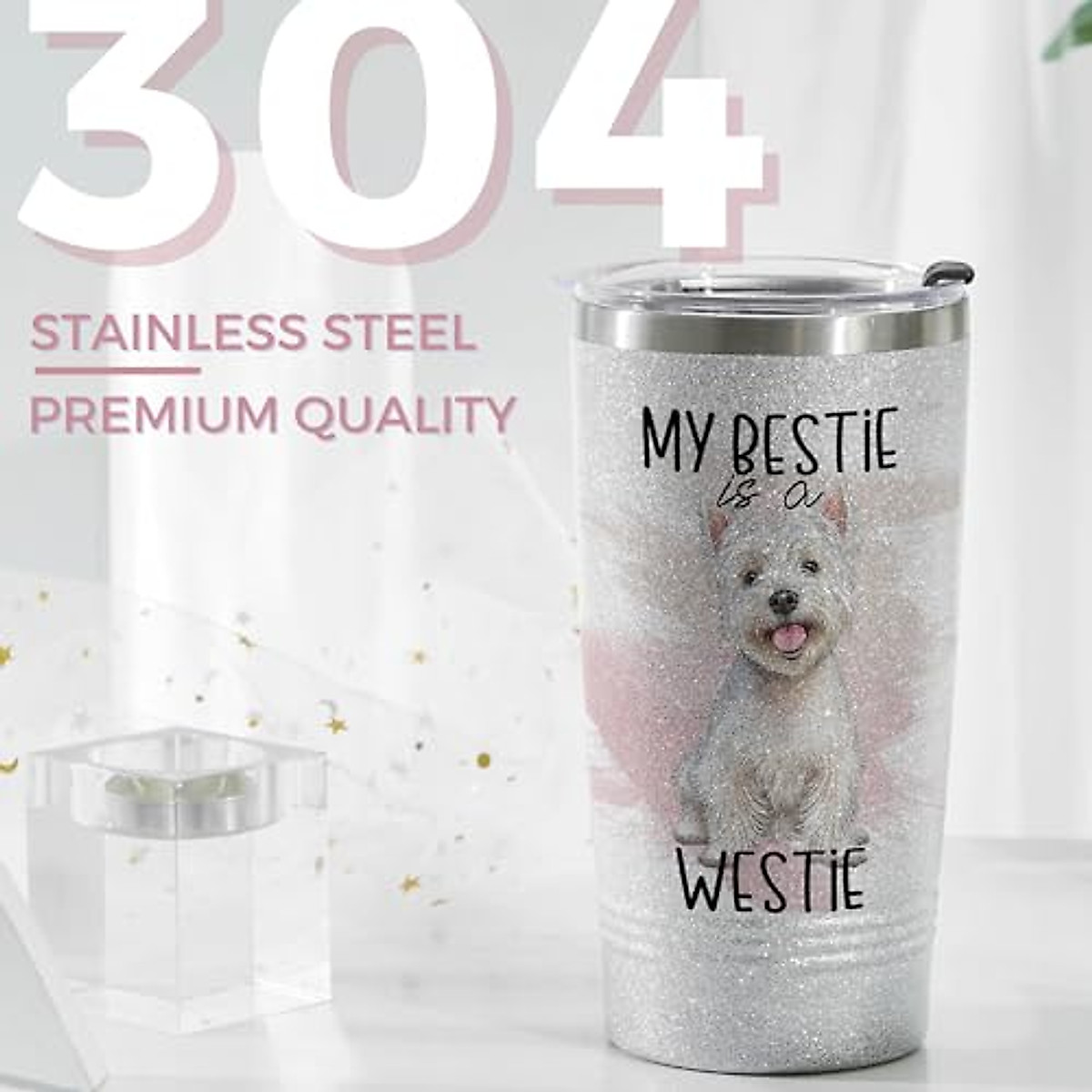 Onebttl Westie Gifts for Women, Westie Lover Gifts, 20oz (590ml) Westie Glitter Tumbler with Lid and Straw, for Christmas, Birthday, Gifts for Westie Mom