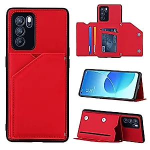 SATURCASE Case for Oppo Reno 6 Pro 5G, PU Leather Soft Silicone TPU Anti-Drop Foldable Kickstand Card Slots Metal Buttons Protective Back Cover for Oppo Reno 6 Pro 5G (Red)