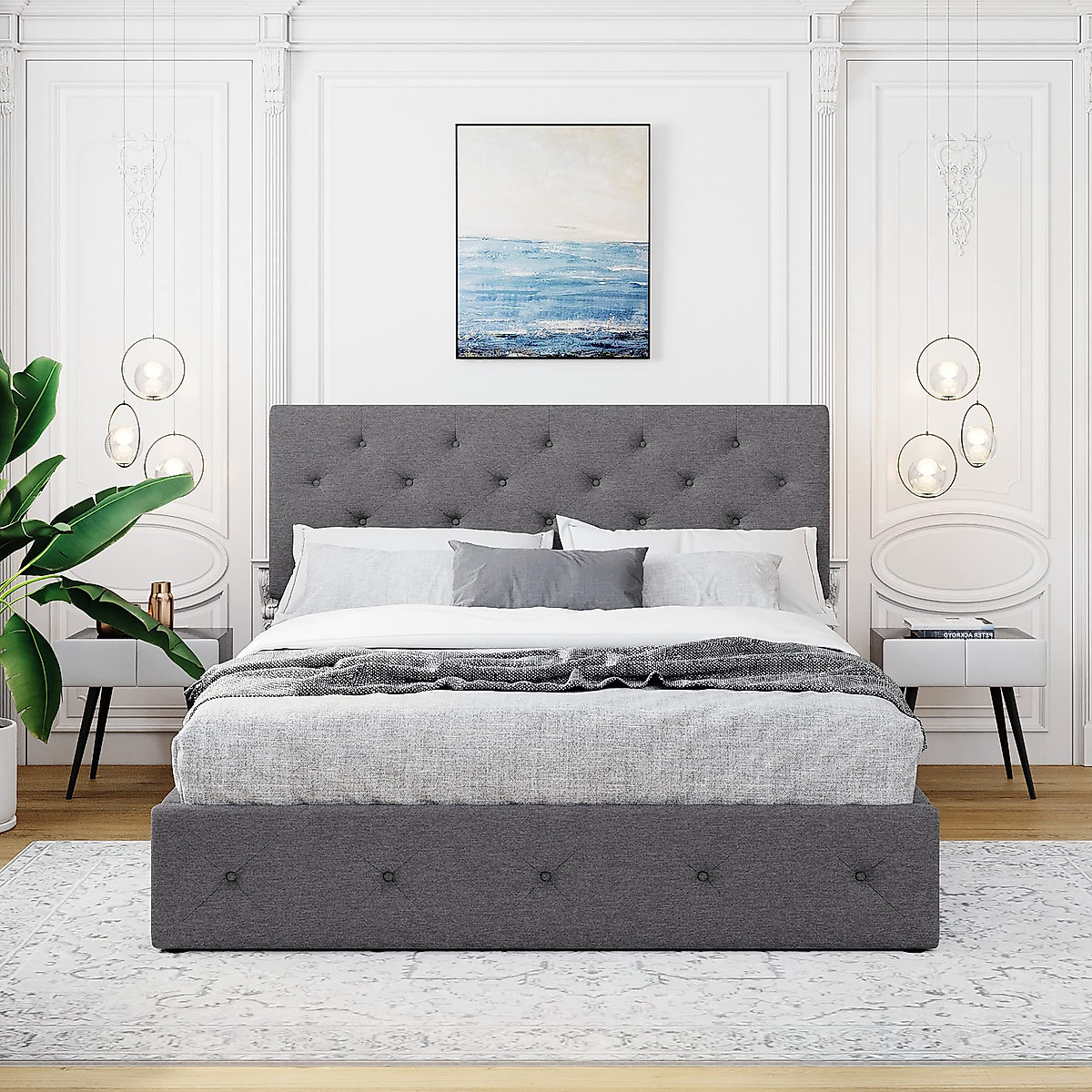 FANYHOME Queen Size Upholstered Platform Bed Frame with Storage, Queen Bed Frame with Gas Lift Up Storage, Wooden Queen Storage Bed with Tufted Headboard and Hydraulic Storage System,Grey