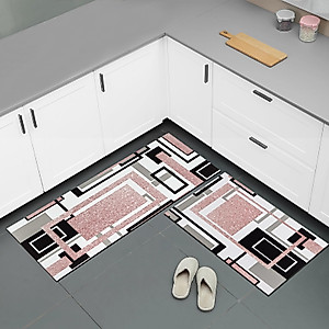 FRAMICS Anti Fatigue Kitchen Mats Set of 2, Non Slip Cushioned Kitchen Rug Sets, Washable Geometric Square Kitchen Runner Rugs for Home Office Laundry, 17'' x 47'' + 17'' x 30'' Abstract Art Patchwork