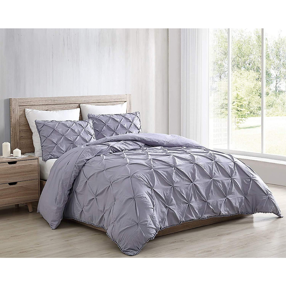 Chezmoi Collection Natalia 3-Piece Pom Poms Fringe Pinch Pleat Duvet Cover Set - Hypoallergenic Soft Washed Microfiber Comforter Cover with Button Closure and Corner Ties - Queen, Purple