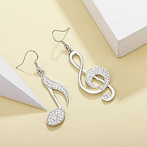 Women Dangle Earrings with Music Note Drop - CZ Clear Crystal Musical Fans Clip on Hook Earring, Rhinestone Fashion Costume Jewelry for Girls…