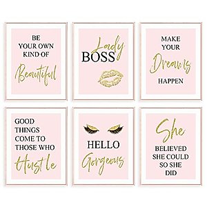 GIFTSFARM Inspirational Wall Art, Bedroom Decor for Women, Pink Room Decor, Teen Girls Fashion Makeup Home Wall Decoration Picture Poster, Bathroom decor, Office Decor (Set of 6, 8X10in, Unframed)