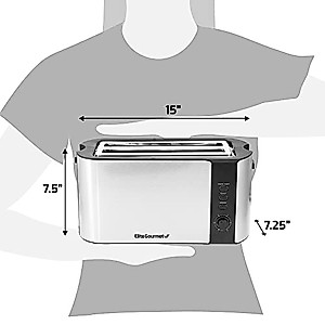 Elite Gourmet ECT-3100# Long Slot 4 Slice Toaster, Reheat, 6 Toast Settings, Defrost, Cancel Functions, Built-in Warming Rack, Extra Wide Slots for Bagels Waffles, Stainless Steel & Black