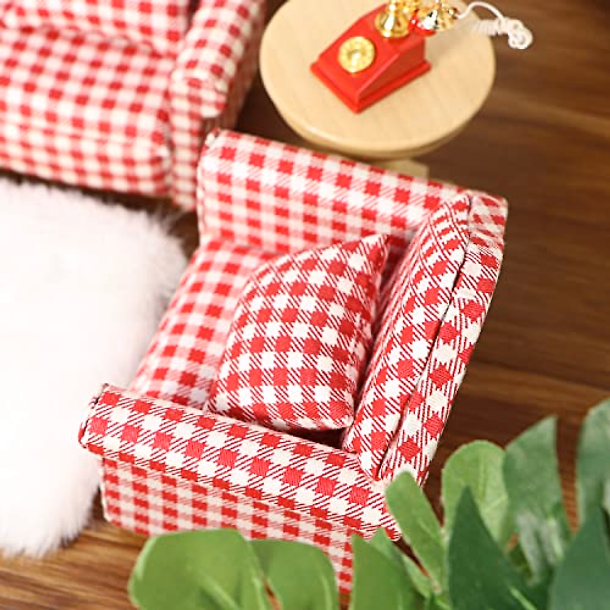 Dollhouse Couch with Pillow 1 12 Scale Miniature Sofa Arm Chair Living Room Furniture Wooden Fabric Frame Single Reading Chair Artificial House Room Scene Decoration (Plaid)