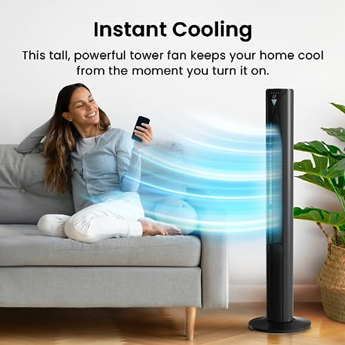 Pro Breeze 46" Oscillating Tower Fan with Remote, Floor Standing Fan Oscillating 70° - Powerful Quiet 45W Cooling Fan for Bedroom, 3 Speed, 4 Modes, 12 hr Timer - Bladeless Tower Fans for Room