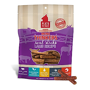 Plato Pet Treats Air Dried Dog Treats Lamb Mini Thinkers Sticks, Natural Dog Treats, Real Meat, Air Dried, Made in the USA, 6oz