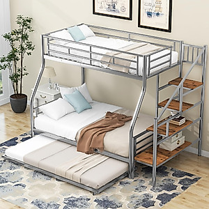 Bellemave Twin Over Full Metal Bunk Beds with Trundle and Storage Staircase,Heavy-Duty Metal Bunk Bed Frame for Kids,Teens,Adults，Space-Saving,Silver