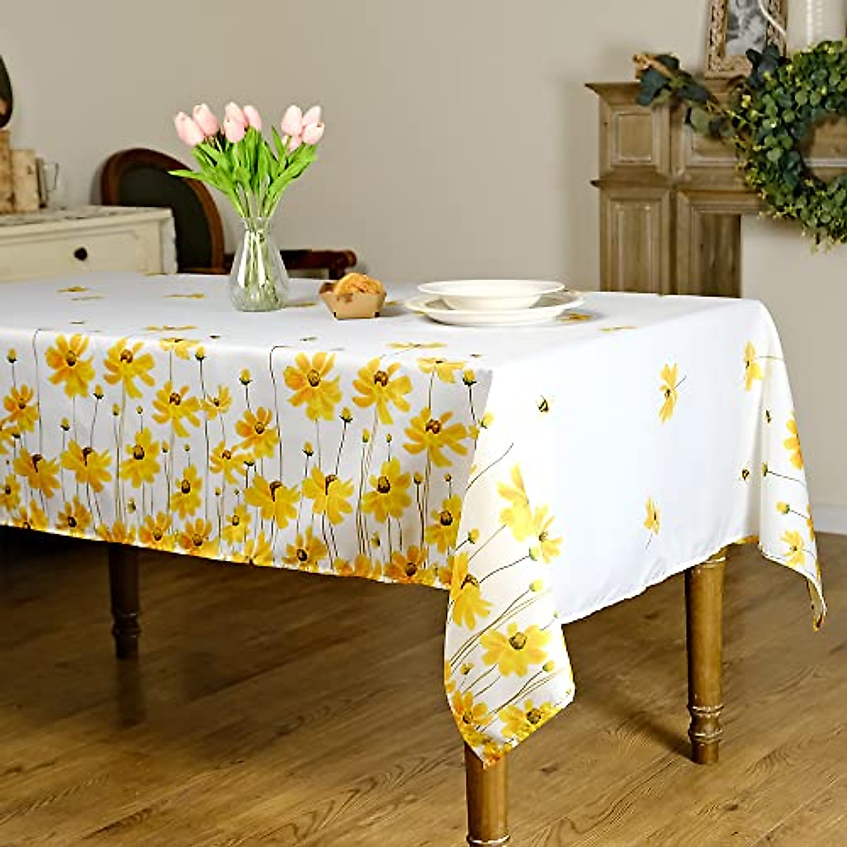 GEEORY Floral Tablecloth 60*84 Inch Rectangle Yellow Bee Tablecloths Spring Summer Table Cloth Indoor/Outdoor Seasonal Table Cover for Easter Home Kitchen Dining Parties