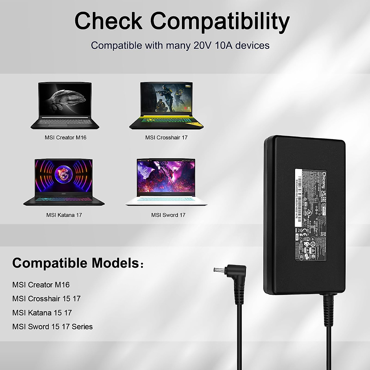 FLGAN OEM 200W 20V 10A Charger for MSI MS-17L5 ms-1584 MSI Creator M16 B13 B13VF CreatorPro M16 B13VI MSI Katana 15 B12VGK B12VFK B12VEK B13VEK B13VFK B13VGK Laptop a21-200p2b adp-200jb f power supply