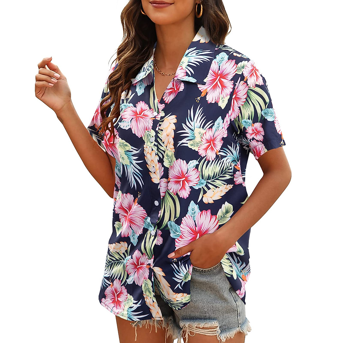 MYHALF Women Hawaiian Shirt Soft Cool Summer Hawaii Shirts Floral Tropic Print V Neck T-Shirt Short Sleeve Button Up Tops