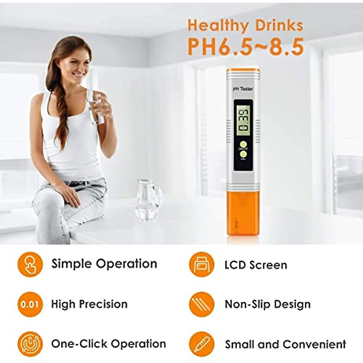 Vivibyan Digital PH Meter, PH Meter 0.01 PH High Accuracy Water Quality Tester with 0-14 PH Measurement Range for Household Drinking, Pool and Aquarium Water PH Tester Design with ATC, Orange