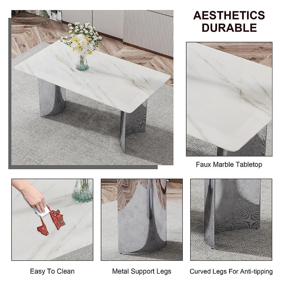 Maotifeys Marble Dining Table Set for 6, 7 Piece Modern Dining Room Table Set with Rectangle Kitchen Table and Black Upholstered Pu Leather Chairs, 63" White Faux Marble Dining Table Chairs Set of 6