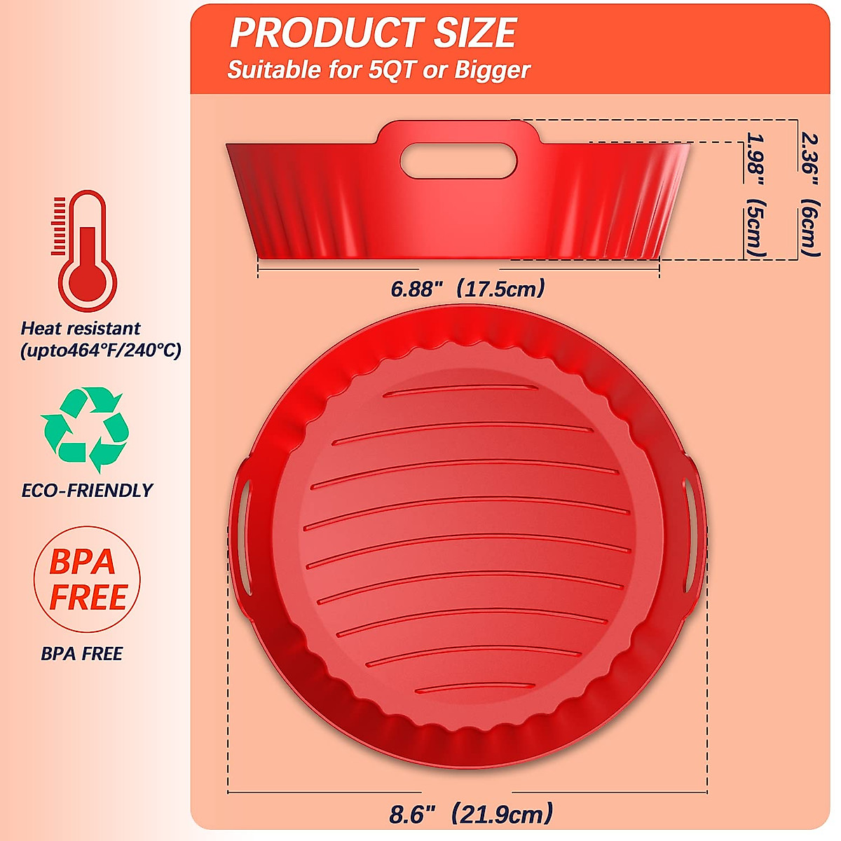 Silicone Air Fryer Liners, 3Pcs 8.6inch Air Fryer Silicone Pot Set Replacement of Parchment Paper Liners Heat Resistant Reusable Air Fryer Silicone Basket Fits 5Qt or Bigger Air Fryers, Black+Red+Blue