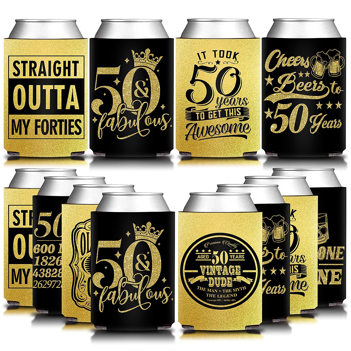 KARAQY 12 Pcs 50th Birthday Party Can Coolers - Black and Gold Cheers to 50 Years Can Sleeves, Happy 50th Birthday Decorations for Men Women 50th Birthday Party Supplies