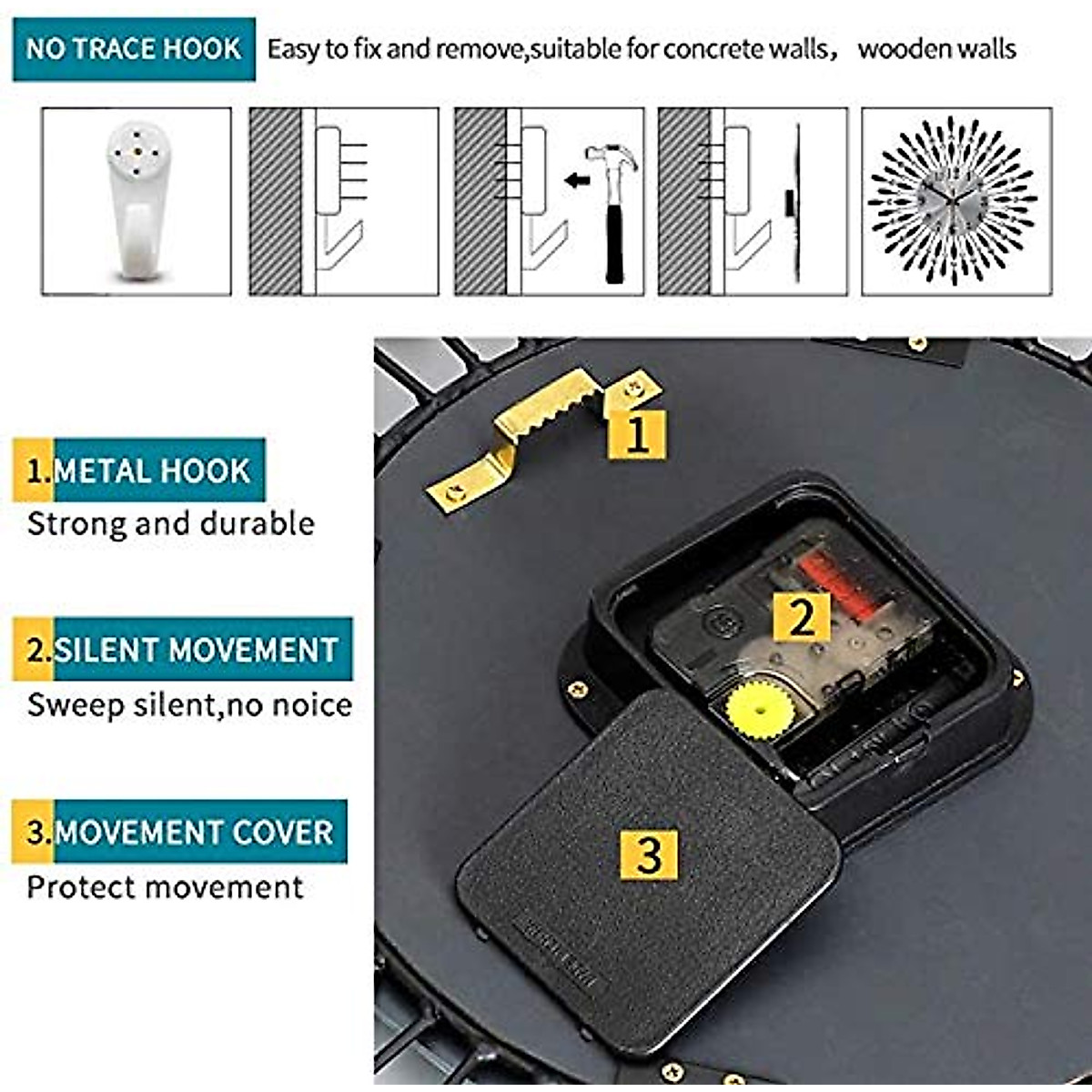 Karetto Modern 14 inch Metal Wall Clock Silver Dial with Arabic,Non-Ticking Silent Digital Black Drop Clock Home Decor for Bedroom,bedrooms Kitchen and Small Areas Space