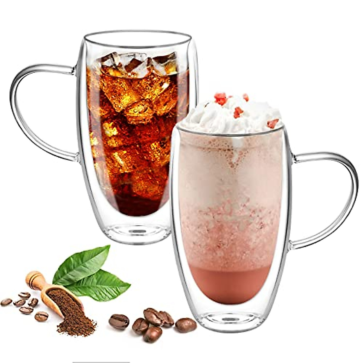 E-Greetshopping 16 oz Double Wall Glass Coffee Mugs,Insulated Layer Coffee Cups with Handles,Cappuccino Latte Macchiato Glasses Cups, Heat Resistant for Hot Drinks Tea Milk Juice Ice Cream(Set of 2)