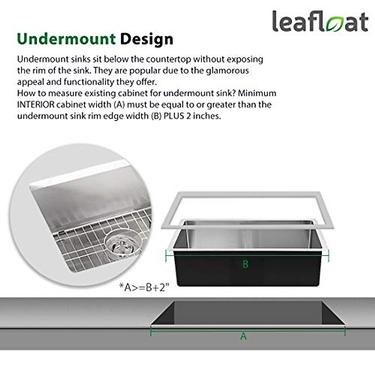 leafloat 25-inch Undermount Kitchen Sink, 25"x18"x10", Single Bowl, 18 Gauge T304 Stainless Steel, Satin Finish, with Strainer & Bottom Grid, cUPC listed