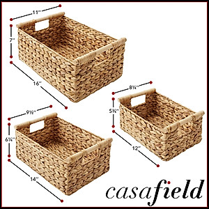 Casafield Set of 3 Water Hyacinth Rectangular Storage Baskets with Wooden Handles - Small, Medium, and Large Woven Nesting Baskets for Organizing