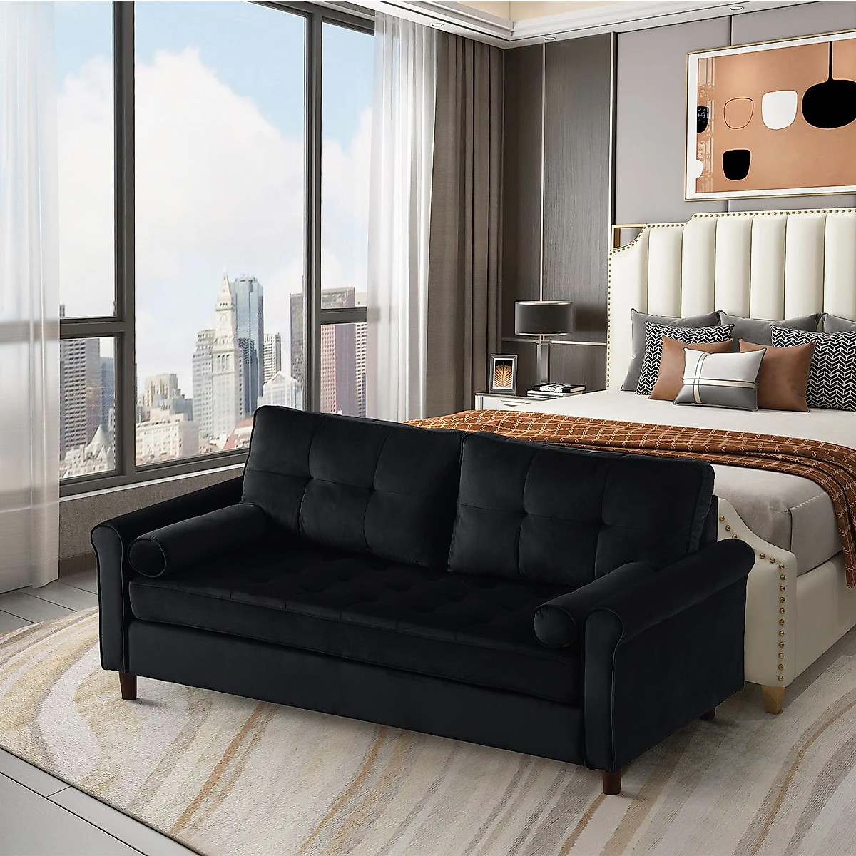 JEEOHEY 60 Inch Small Couch, Mid-Century Modern Velvet Upholstered Loveseat Sofa Furniture for Small Space, Living Room, Bedroom, 2 Pillows, Rolled Arm, Comfy Seat & Back Cushion, Black