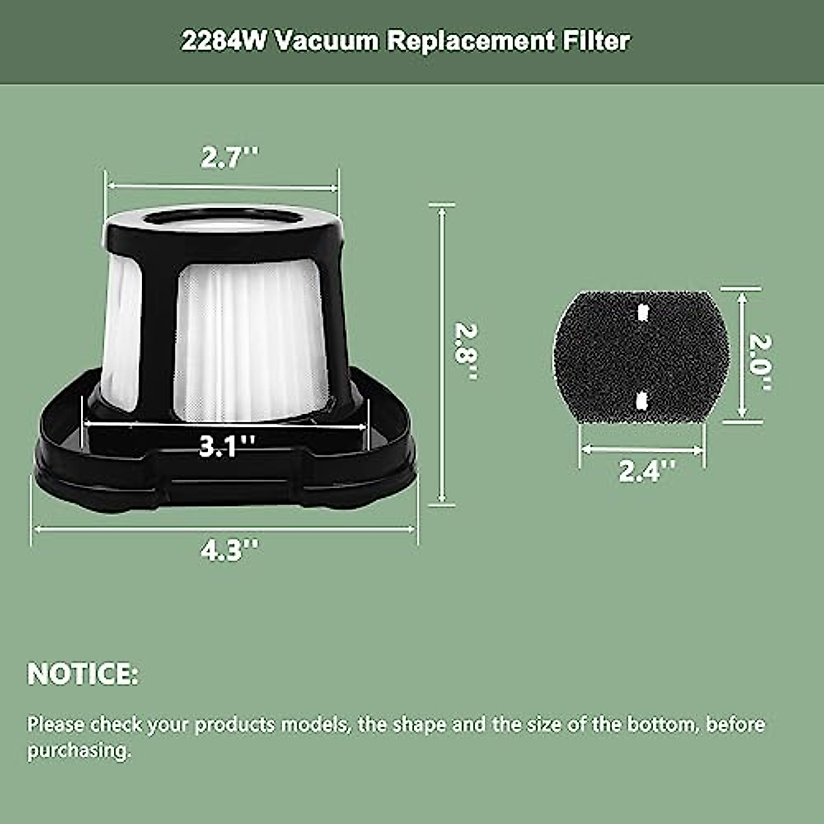 2284W Filter Compatible with Bi-ssell Pet Hair Eraser Hand Vacuum 2284W, 2390, 2389, 2390A, Replace Parts for 1614212, 1614203, 1614204, Pack 4 Filter and 8 Foam Filter