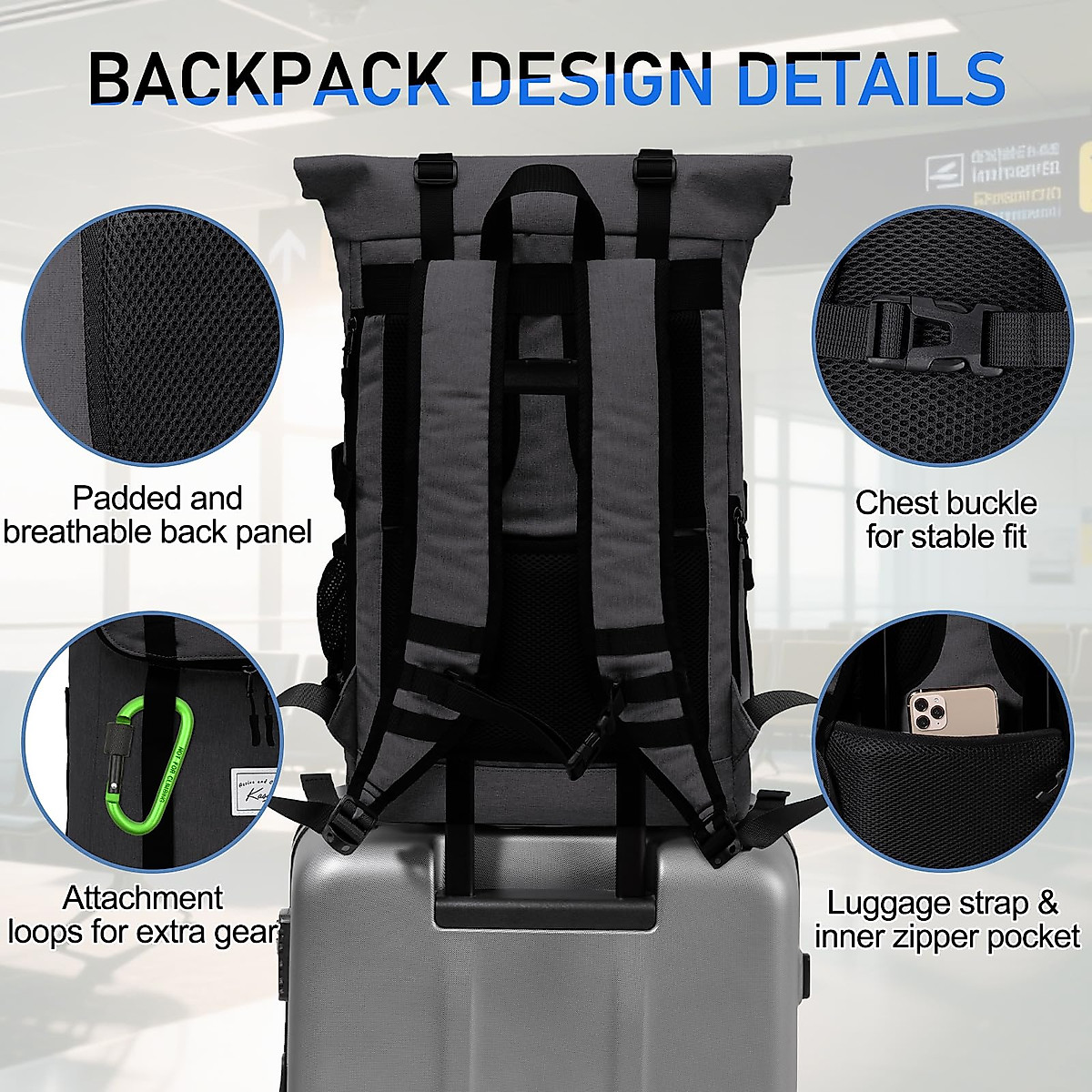 Kasqo Laptop Backpack for Men, 17 Inch Rolltop Large Capacity Water Resistant School College Travel Bookbag Casual Daypack, Dark Grey