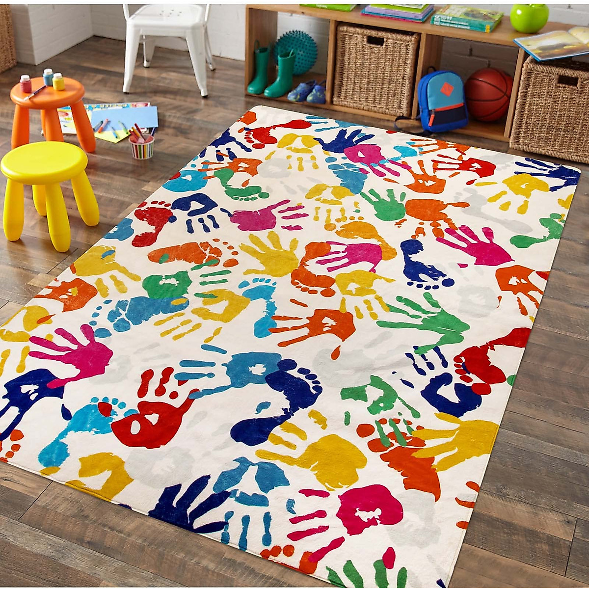 STARUIA Handprints and Footprints Large Kids Rug 5'x7', Washable Colorful Area Rug for Nursery Room, Non-Slip Play Mat Ultra Soft Indoor Carpet for Bedroom Playroom Classroom